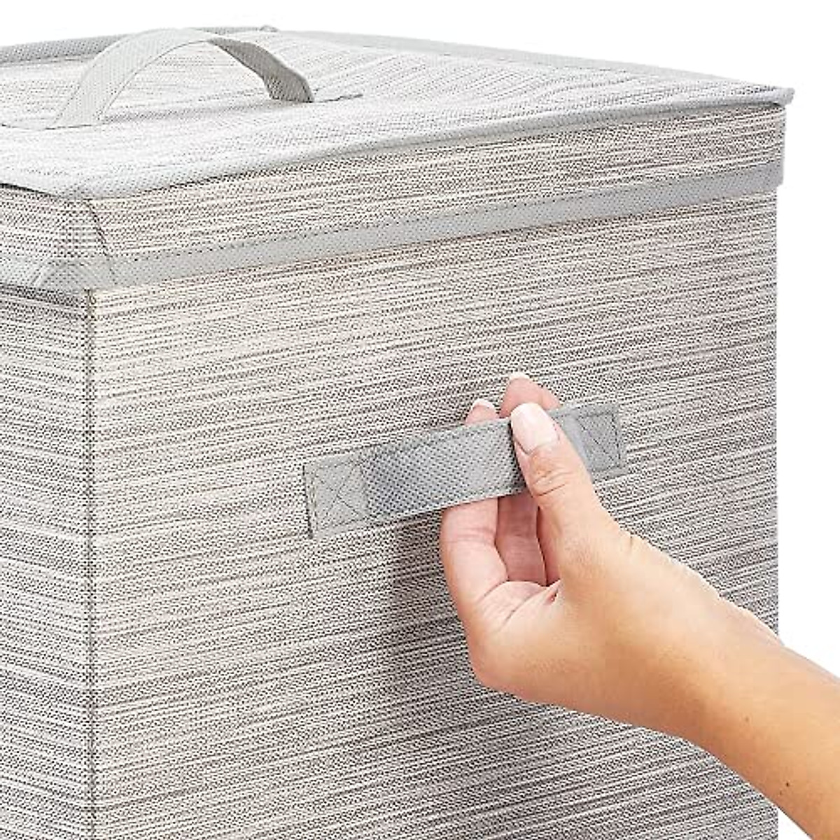 mDesign Tall Gift-Wrapping Paper Storage Box with Handles, Holder for Christmas and Holiday Organizer Container - Removable Lid for Rolls of Wrap, Inside Closet Storage Totes, Stripe, Taupe/Tan