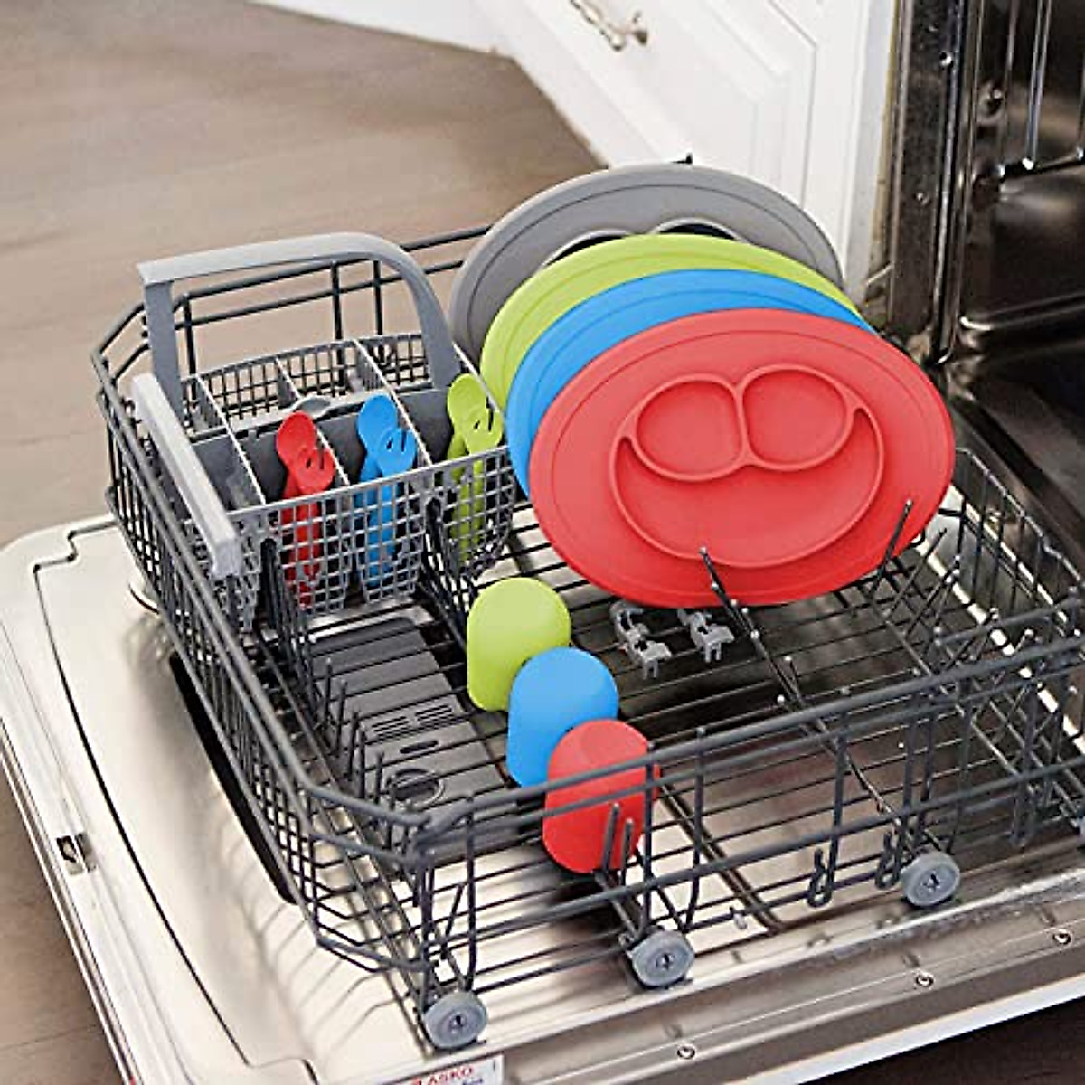 ezpz Mini Collection Set (Gray) - 100% Silicone Cup, Fork, Spoon & Mini Mat Suction Plate with Built-in Placemat for Infants + Toddlers - First Foods + Self-Feeding - 12 Months+