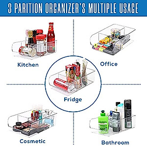 Utopia Home Pack of 04 Fridge and Pantry Organizer Bins for Food Packet, Seasoning Mix, Spices/Sauce Pouches, Snacks - 3 Divided Section Storage for Kitchen, Cabinet, Counter top & Bathroom