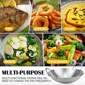 LNQ LUNIQI Stainless Steel Wok Round Bottom Chinese Wok with Double Handle Professional Grade Wok for Home Restaurant Kitchen (26cm/10.2 Inch)