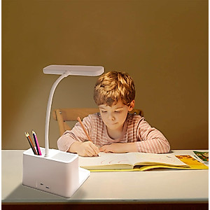 LED Desk Lamp with Pen & Phone holder, USB Rechargeable Book Reading Light,Eye-Caring Study Lamp for Kids, Touch Table Lamp with Flexible Gooseneck for Home,Office,3 Color Modes & Stepless Dimming