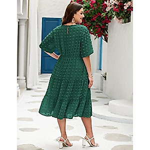 IN'VOLAND Womens Chiffon Elegant Plus Size Dresses Swiss Dot Babydoll Short Sleeve Party Midi Dress Dark Green