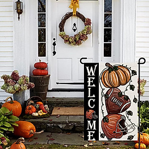 Fall Football Welcome Garden Flags 12x18 Inch Vertical Double Sided, Pumpkin Autumn Sports Game Day Sign Thanksgiving Seasonal Yard Outside Decor DF330
