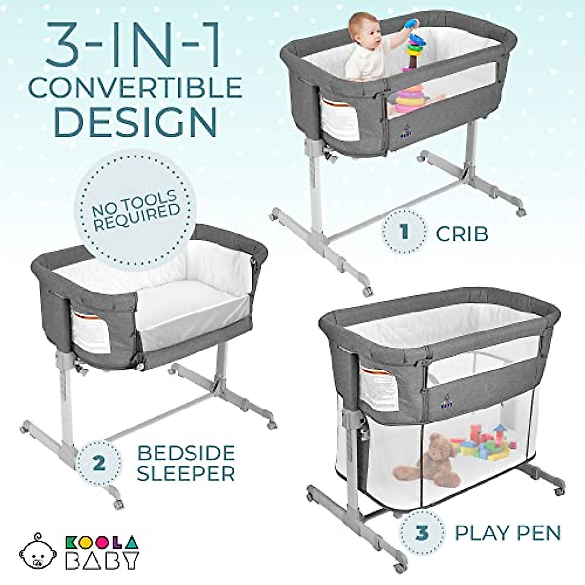 3 in 1 Baby Bassinet, Bedside Sleeper, & Playpen, Easy Folding Portable Crib (Grey)- KoolaBaby