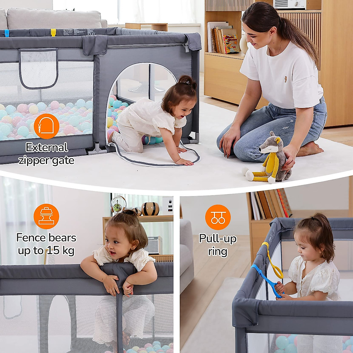 Baby Playpen, Baby Fence with Gates, Playpen for Babies and Toddlers, Playards with Pull-up Rings, Visible Mesh, Safe Anti-Fall Sturdy Baby Play Area, Waterproof Oxford Cloth 50x50"