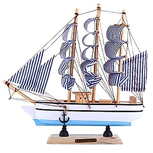 VOSAREA Wood Sailboat Model Blue Ship Figurine 3D Assembling Building Table Ornaments for Home Office Shelf Nautical Decoration Christmas Favors