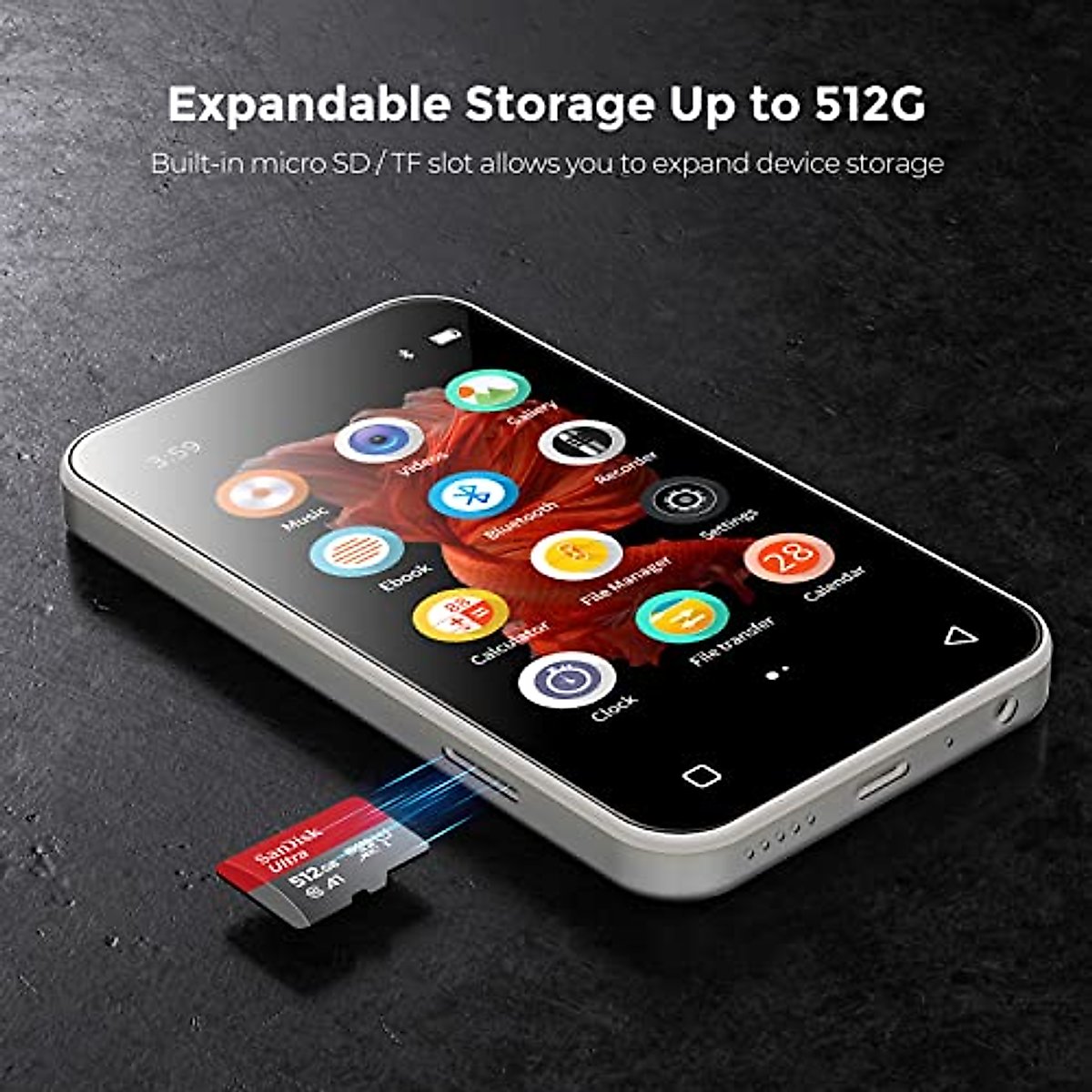 TIMMKOO MP3 Player with Bluetooth, 4.0" Full Touchscreen Mp4 Mp3 Player with Speaker, Portable HiFi Sound Mp3 Music Player with Bluetooth, Voice Recorder, E-Book, Supports up to 512GB TF Card (White)