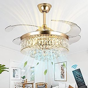 WWahuayuan 42" Ceiling Fans with Lights,Reversible Modern Crystal Ceiling Fans Light with Remote Control,3 Color Changeable, 3 Speed, 4 Retractable ABS Blades for Living Room Dining Room Decoration