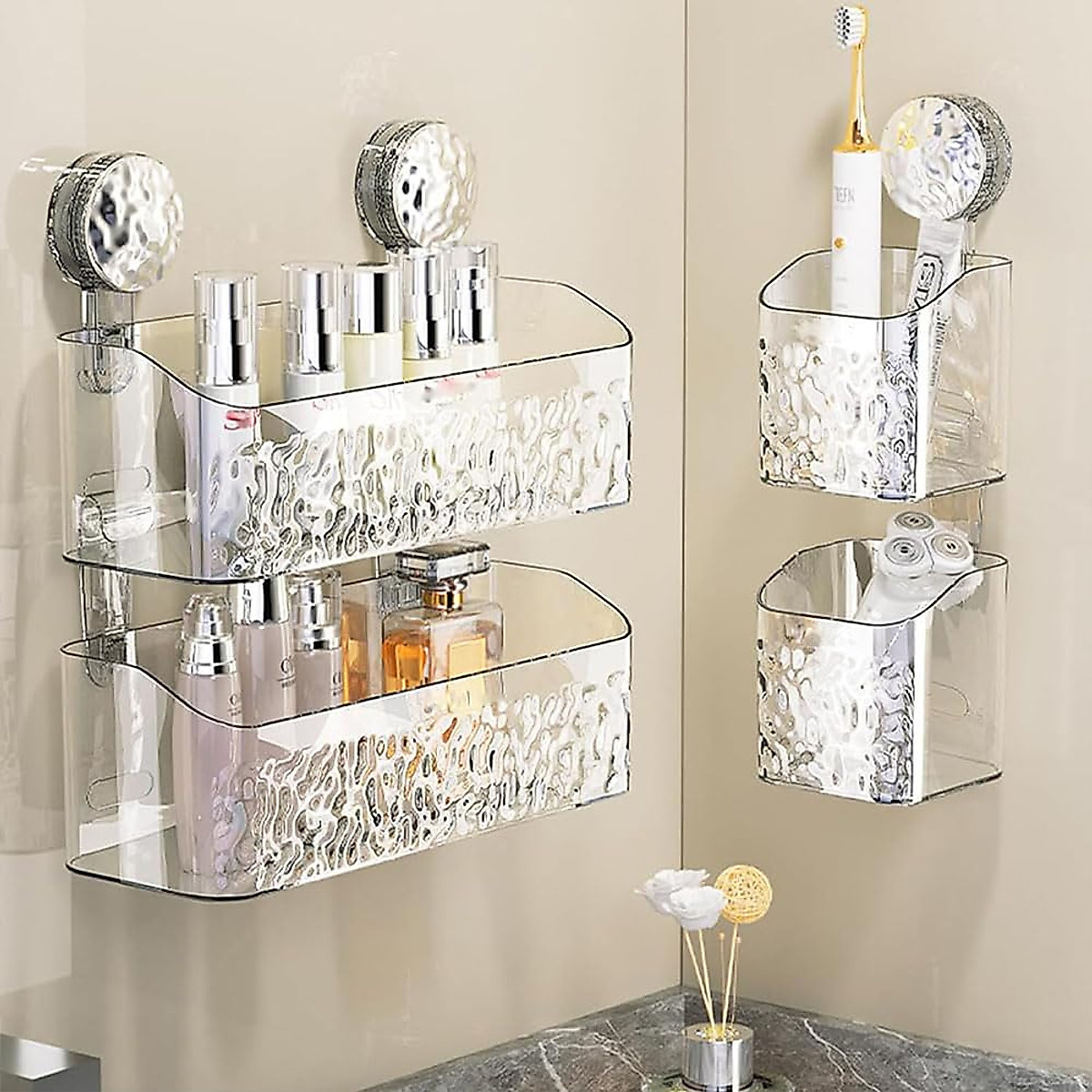 YSGBYSG Light Luxury Style Glacier Pattern Suction Cup Shelf, Suction Cup Shower Caddy, Suction Cup Shower Shelves, No-Drilling Wall Mounted Removable Shower Basket For Kitchen Bathroom (white-Large)