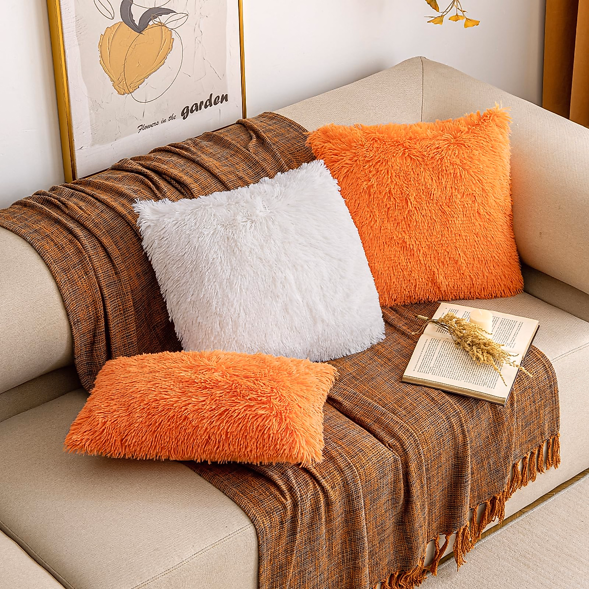 EMEMA Orange Fall Faux Fur Throw Pillow Covers 18x18 Inch Set of 2 Fluffy Pillowcase Fuzzy Fleece Decorative Square Cute Home Decor Luxury Soft Mongolian for Couch Sofa Bed Livingroom Halloween