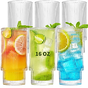 Qipecedm 6 Pack Ribbed Drinking Glasses, 16 oz Vintage Glass Cups, Highball Glasses, Premium Iced Coffee Glasses, Clear Glass Tumbler, Cocktail Glasses, Elegant Glassware for Water Juice Whiskey Beer