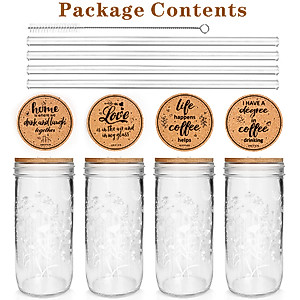 ANOTION Floral Coffee Cups, Mason Jars with Lids and Straws Glass Cups with Wildflower Bamboo Lid Iced Coffee Cups Tumbler Drinking Glasses Travel Coffee Mug Gift for Women Sister Mom