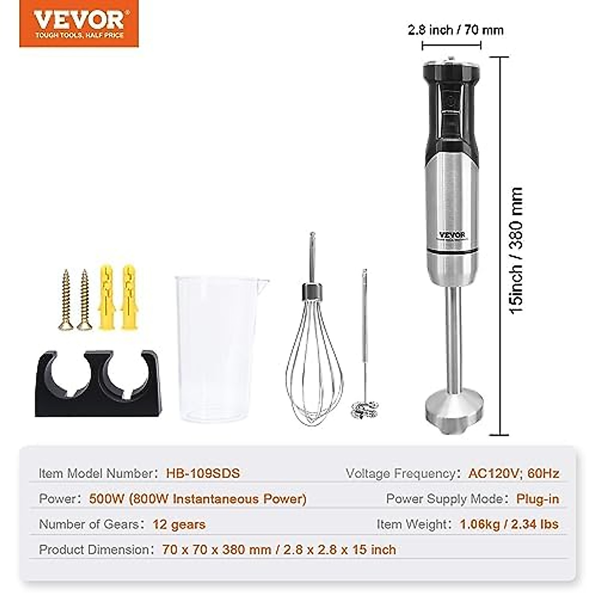 VEVOR Immersion Blender, 12-Speed Heavy Duty Immersion Blender, 800W Instantaneous PowerStainless Steel Blade Copper Motor Hand Mixer, Portable Mixer with Measuring Cup, Whisk, Milk Frother