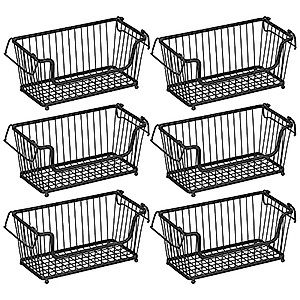 mDesign Stackable Metal Basket for Kitchen Storage - Wire Farmhouse Bin Basket w/Handles for Pantry - Stacking Wire Basket Organizer for Food, Drinks, Snacks - Hyde Collection, 6 Pack, Black