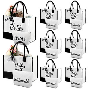 Chunful 8 Pcs Bride Bridesmaids Gift Bag 16" x 12" x 7" Canvas Tote Bags with 8 Pcs Bride Bridesmaids Makeup Bag for Wedding Favor Bachelorette Bridal Shower Party Team Bride