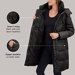 LONDON FOG Women's Chevron Coat with Faux Fur Trimmed Hood, Black, Medium