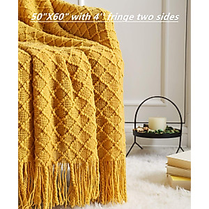CREVENT Knitted Decorative Throw Blanket for Couch Sofa Chair Bed，Soft Warm Cozy Light Weight for Spring Summer (50''X60'' Mustard Yellow)