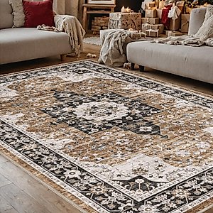 DEXI Washable Area Rug, Soft Vintage Indoor Rugs for Bedroom Living Room Kitchen Dining Room, Non-Slip Low-Pile Floor Carpet Mat for High Traffic Inside House, 8'x12', Brown