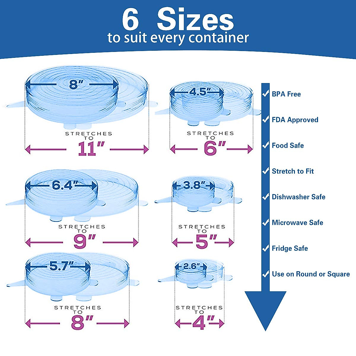 YAZJIWAN Silicone Stretch Lids, Durable & Eco-Friendly Elastic Lids Reusable Heat Resistant Various Sizes Cover for Bowl (Blue-6pack)