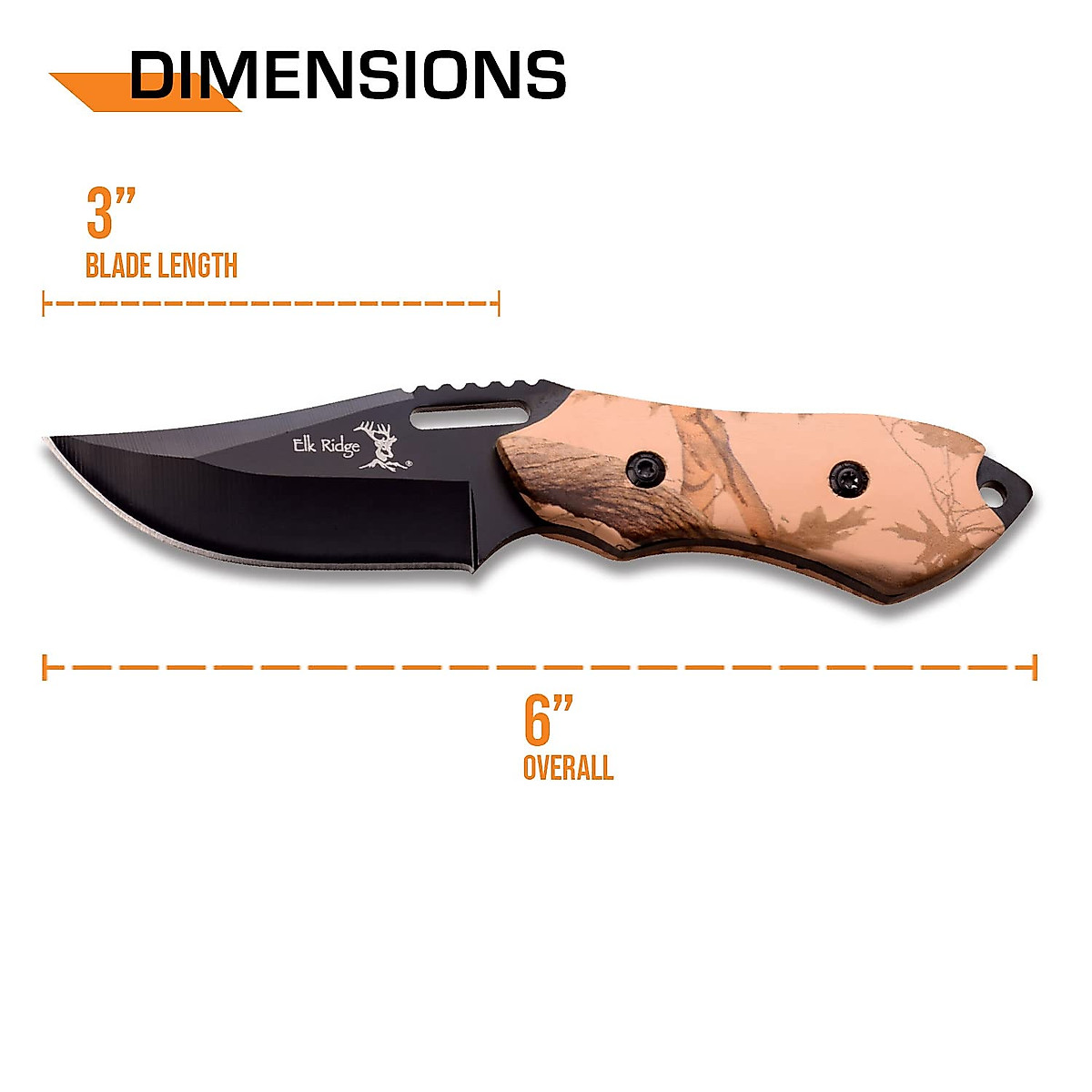 Elk Ridge - Outdoors Fixed Blade Knife - 6-in Overall, 3-in Black Stainless Steel Blade, Camo Coated Wood Handle, 1680D Nylon Sheath - Hunting, Camping, Survival - ER-562BC