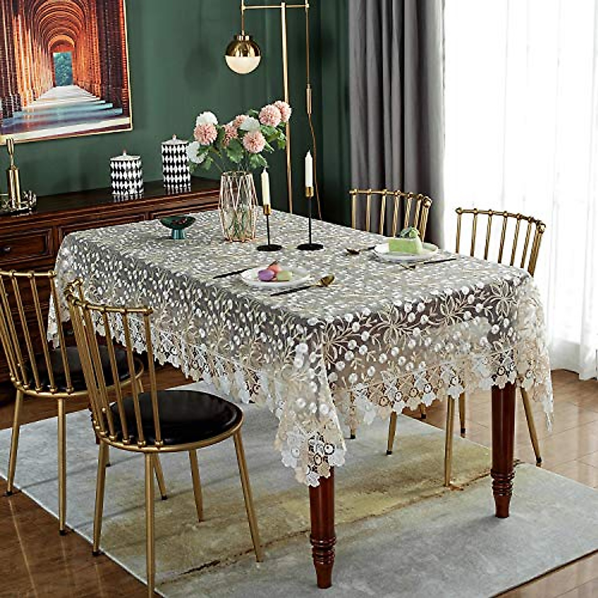 NC SUTAVIA Lace Patio tablecloths Embroidered Camping Table Cloth, Classic Rectangular Oblong Macrame Table Cover, for Kitchen Dining Picnic Coffee Table and Wedding Banquet (Gold, 60"×120")