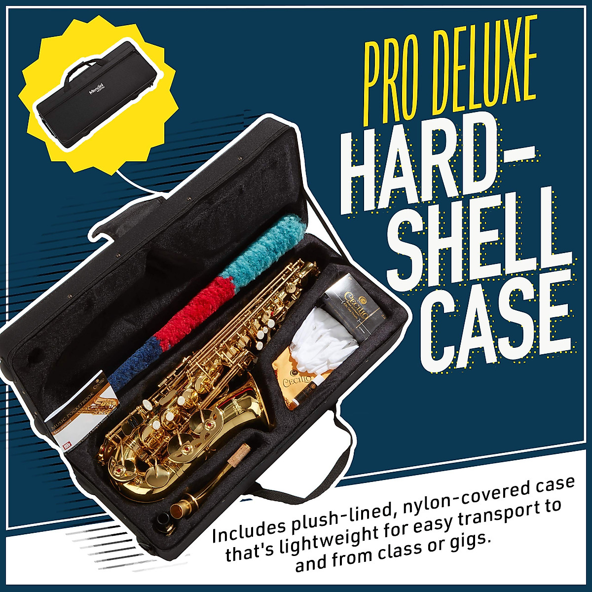 Mendini By Cecilio Eb Alto Saxophone - Case, Tuner, Mouthpiece, 10 Reeds, Pocketbook- Black & Gold E Flat Musical Instruments