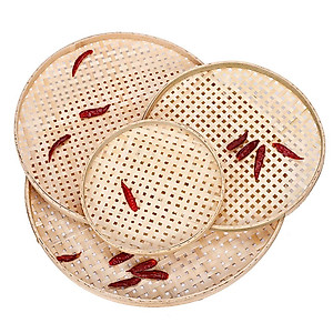 100% Handwoven Flat Wicker Round Fruit Basket Woven Food Storage Weaved Shallow Tray Organizer Holder Bowl Decorative Rack Display Kids DIY Drawing Board (Sqaure Hollow-Bamboo White, 18cm/7")