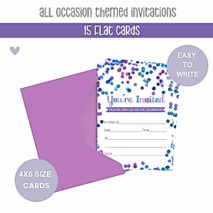 Purple Confetti Invitations with Envelopes (15 Pack) Invites for Girls Birthday, Baby Shower, Teens, Kids, Graduation, Any Party – Abstract Watercolor Dot Theme – Personalize Blank Cards 4x6 Set