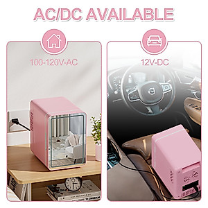 SPECILITE Mini Fridge for Skin Care, Portable Beauty Fridge with Mirror and LED Lighting (4 Liter/6 Can) Cooler and Warmer, Personal AC/DC Refrigerator for Skincare, Makeup, Beverage, Office, Bedroom (Pink)