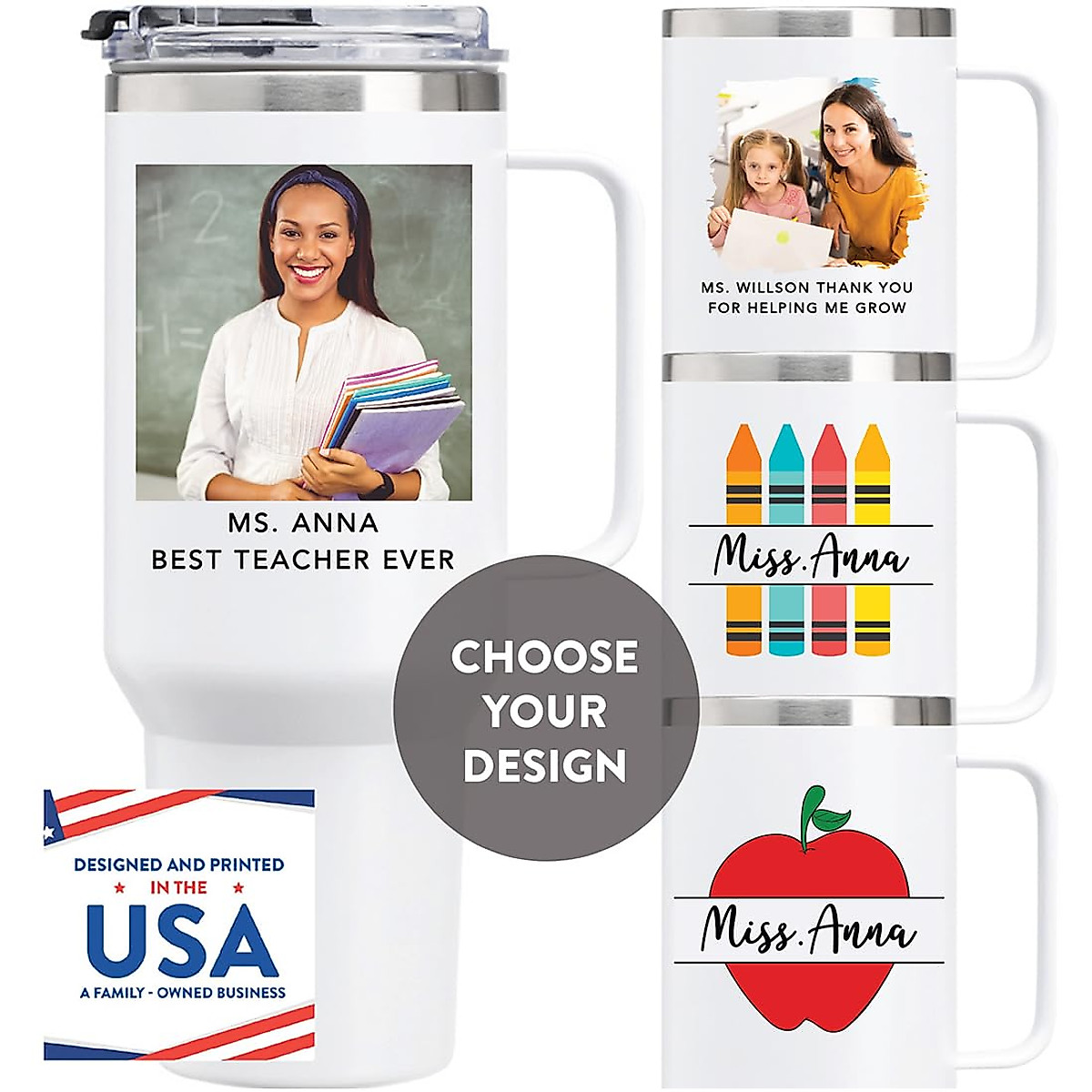 Andaz Press Personalized Photo 40oz Tumbler with Handle, Lid and Straw, Custom Picture 40 oz Tumbler Travel Mug, Custom Mug with Name Text Teacher Gifts for Women, Teacher Appreciation Gifts