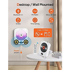 CozySound Portable CD Player Bluetooth for Home, Wall Mountable Desktop Kpop Music Players, Convert CDs to MP3, with Stereo Speakers, Remote, FM Radio, AUX Jack, Support U Disk/TF