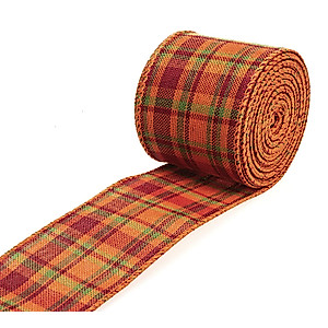 ATRBB Orange/Red/Green Buffalo Plaid Ribbon Wired Edge Gingham Ribbon for Thanksgiving Decoration and Bows Craft,10 Yards by 2.48 Inches (Style 6)
