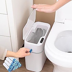 WDPUCHU Bathroom Trash Can with Lid,4.2 Gallons Touchless Garbage Can for Bedroom,Automatic Plastic Slim Trash Bin for Office,Living Room, White,with 10 Pack Drawstring Garbage Bags