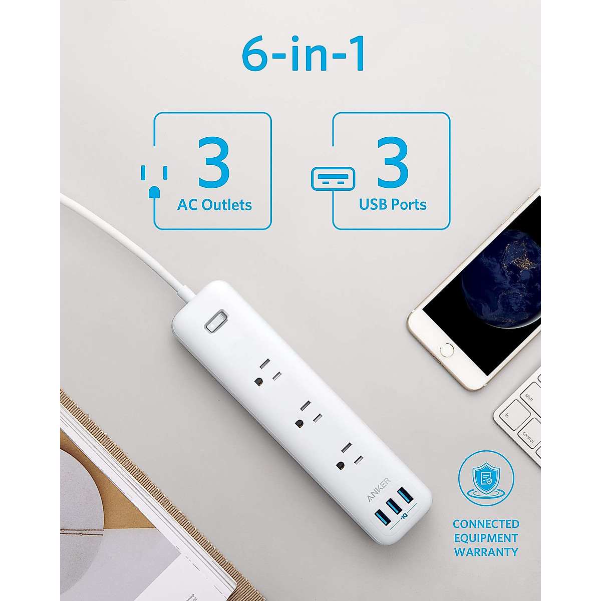 Anker Power Strip with USB, 3-Outlet & 3 PowerIQ USB Power Strip, PowerPort Strip 3 with 5 Foot Long Extension Cord, Flat Plug, Safety Shutter, for Home, Office