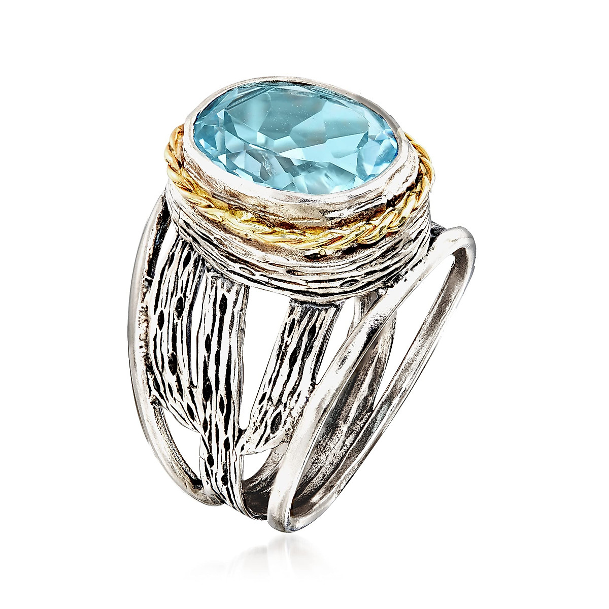 Ross-Simons 5.00 Carat Sky Blue Topaz Openwork Ring in Sterling Silver and 14kt Yellow Gold. Size 8