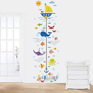 Wland 22 inches x 67 inches Undersea Fish Whale Octopus Crab Growth Chart Removable Vinyl Wall Decals Stickers for Children Room Nursery