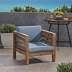 GDFStudio Outdoor Acacia Wood Club Chair with Cushion, Teak Finish and Blue