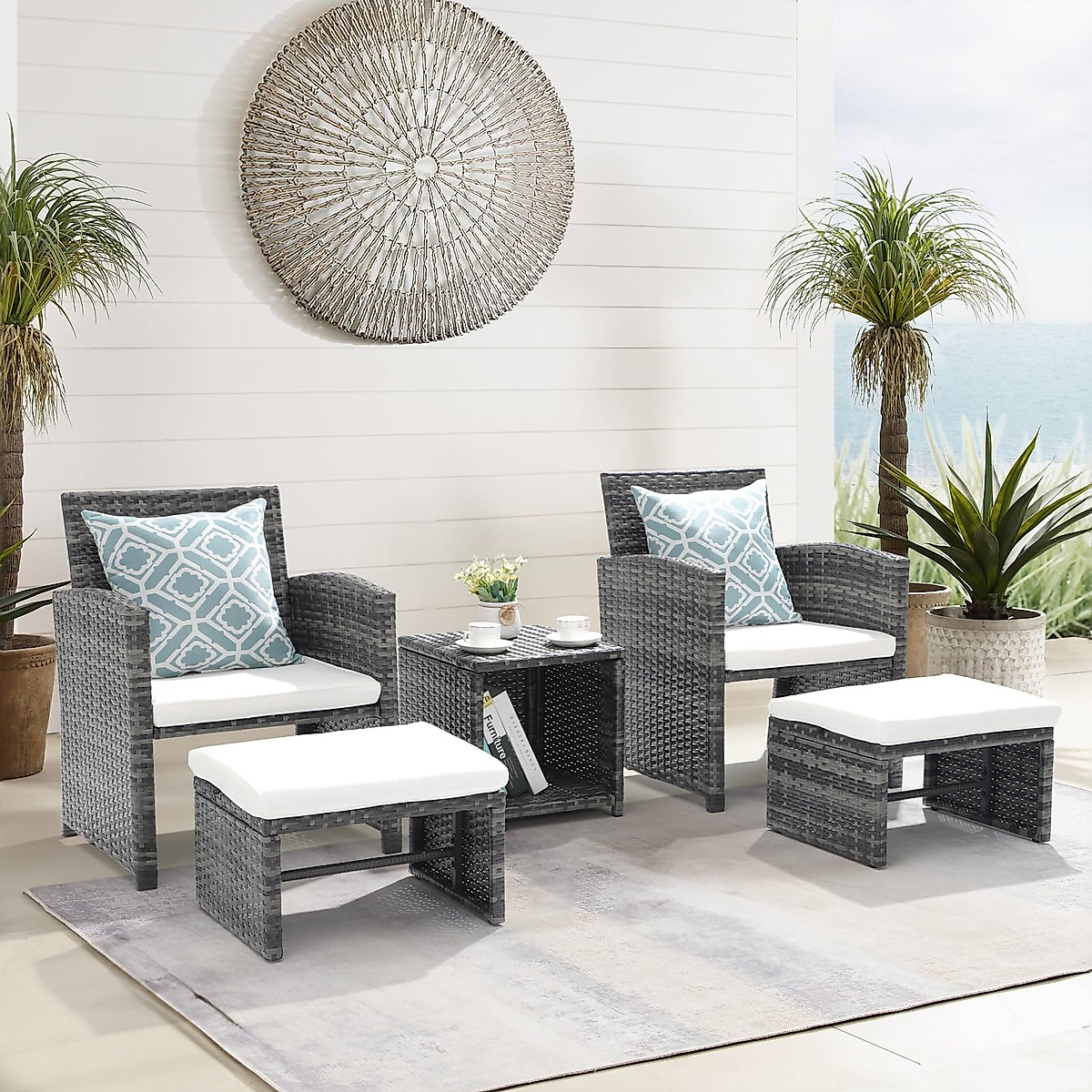 OC Orange-Casual 5 Piece Patio Furniture Set, Wicker Outdoor Conversation Chair and Ottoman Set with Coffee Table, Pillows Included, for Balcony, Porch, Deck, White