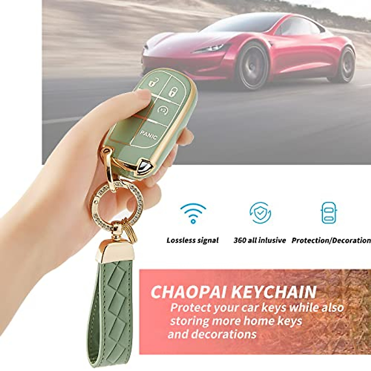 AKIYHIEI for Jeep Key Fob Cover Key Case for Grand Cherokee Renegade Chrysler Dodge RAM Durango Challenger Journey Smart Key (Green)