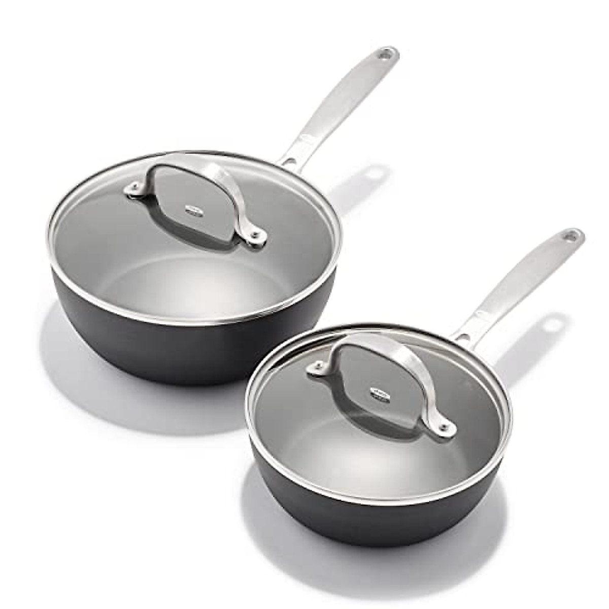 OXO Good Grips Pro 1QT and 2QT Saucepan Pot Set with Lids, 3-Layered German Engineered Nonstick Coating, Stainless Steel Handles, Black