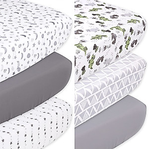 The Peanutshell Celestial Stars and Dinosaur Fitted Crib Sheets | Unisex 6 Pack | Grey, Green, White