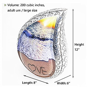 M MEILINXU Teardrop Decorative Urns, Funeral Cremation Urns for Human Ashes - Display at Home or in Niche at Columbarium, Engraved Aluminum Urns for Ashes Adult Female & Male, Beach & Love - Large
