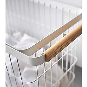 Yamazaki Home Tosca Compact Rolling Laundry Basket Cart - Metal Hamper With Wheels And Handle For Easy Mobility - Space-Saving Storage Solution, 15" - Steel + Wood - 9.2 Gallons, 35L