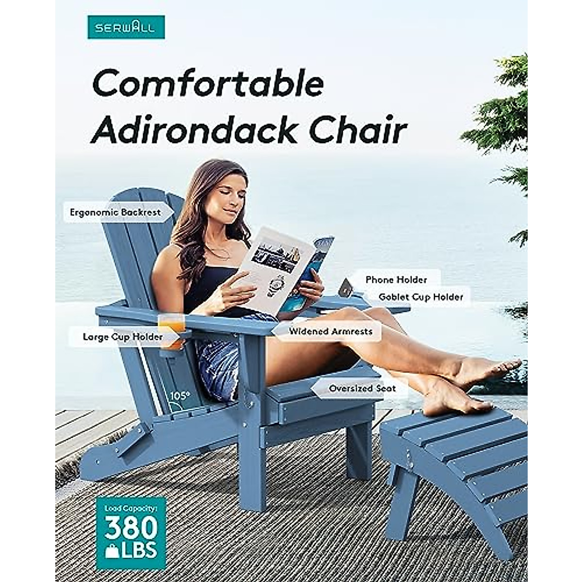 SERWALL Folding Adirondack Chair, HDPE Adirondack Chairs, Plastic Outdoor Chairs- Looks Exactly Like Real Wood- Navy