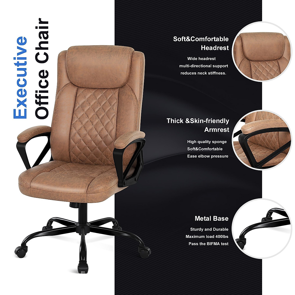 Misolant Office Chair, Executive Desk Chair, Big and Tall Office Chair, Comfortable Office Chair, High Back Office Chair with Adjust Height, Executive Chair PU Leather Office Chair Camel
