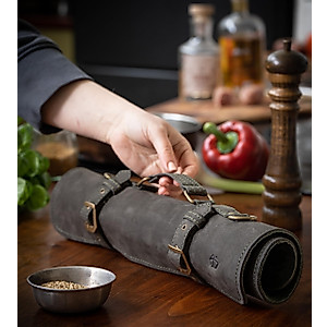 Angus Stoke Knife Roll Bag Genuine Leather – Knife case for Chefs 7 Slots – Leather Knife with Handle and Strap Frank (Olive-Green)