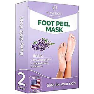 PLANTIFIQUE Foot Peel Mask with Lavender 2 Pack Peeling Foot Mask Dermatologically Tested - Repairs Heels, Removes Dead Skin for Baby Soft Feet - Exfoliating Foot Peel Mask for Dry Cracked Feet