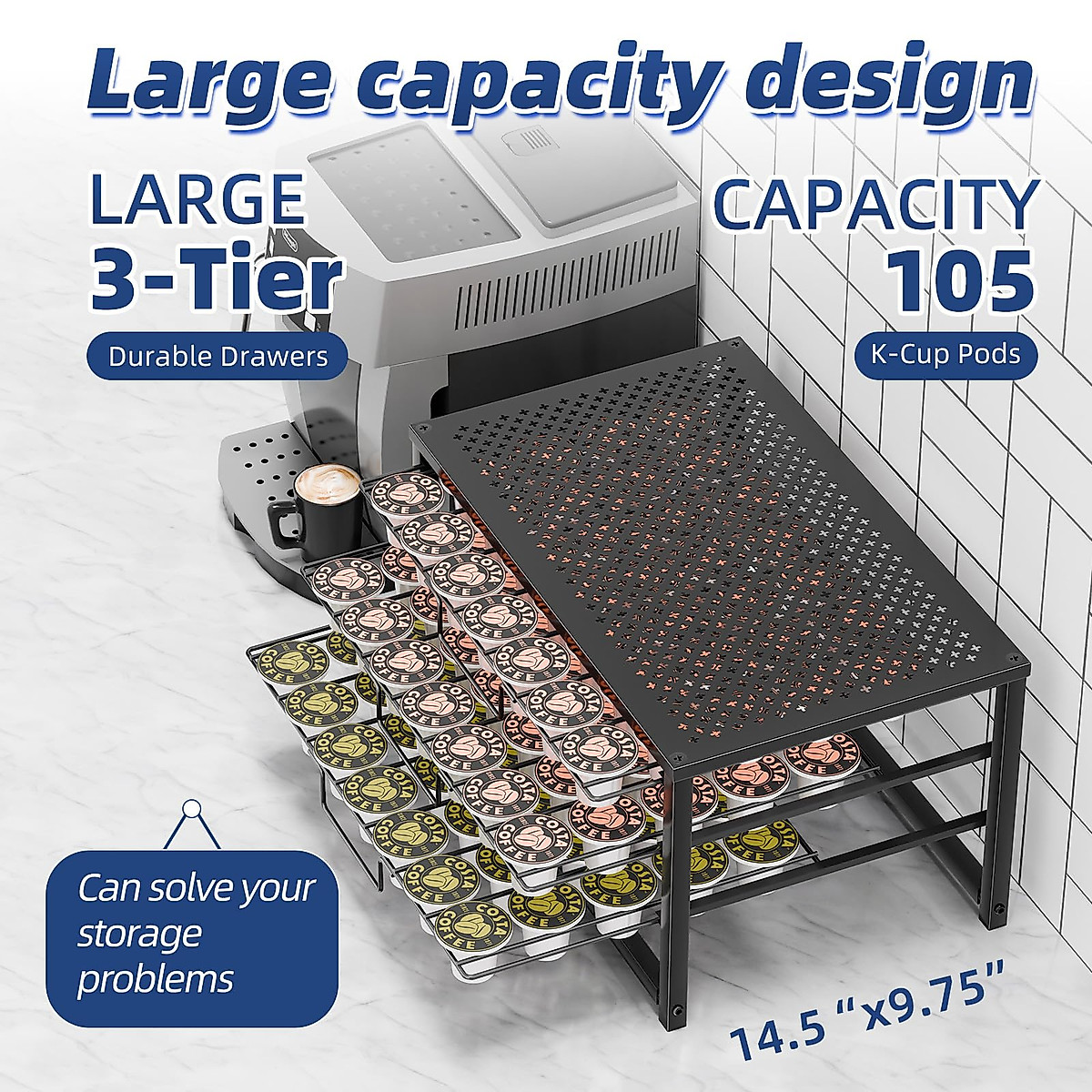 Simple Trending 3-Tier Coffee Pod Holder Rack for K-Cup, 105 Pod Pack Capacity Rack, Metal, Black