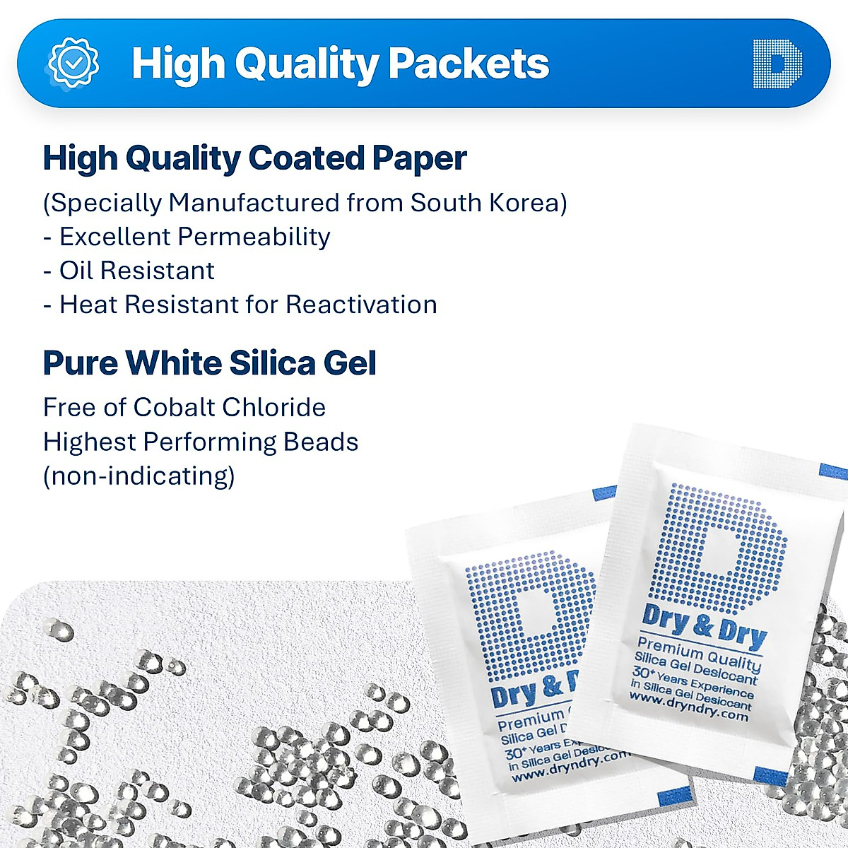 Dry & Dry 5 Gram [50 Packets] Premium Pure and Safe Silica Gel Packets Desiccant Dehumidifiers, Silica Gel Packs - Rechargeable (Food Safe) Moisture Absorbers, Desiccant Packets