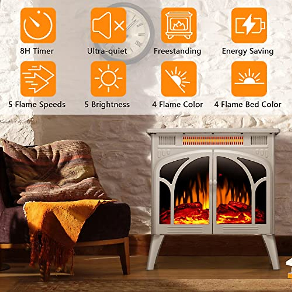 Antarctic Star Electric Fireplace Stove, Electric Fireplace Heater Freestanding with 3D Logs and Realistic Flame, Remote Control, Overheating Protection & All Steel Design, Adjustable Brightness Beige